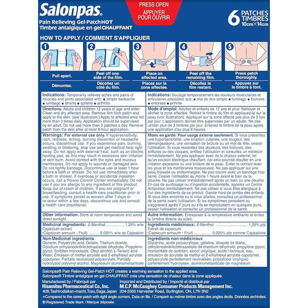 Salonpas® Timbres gel antidouleur effet chauffant (6 timbres ...